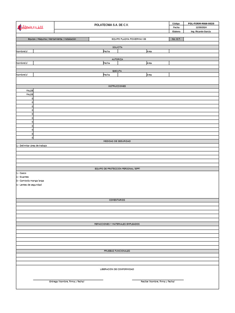 POL-M-FORM-PRE-0020 (MANTENIMIENTO PREVENTIVO EQUIPO PLASMA) | PDF