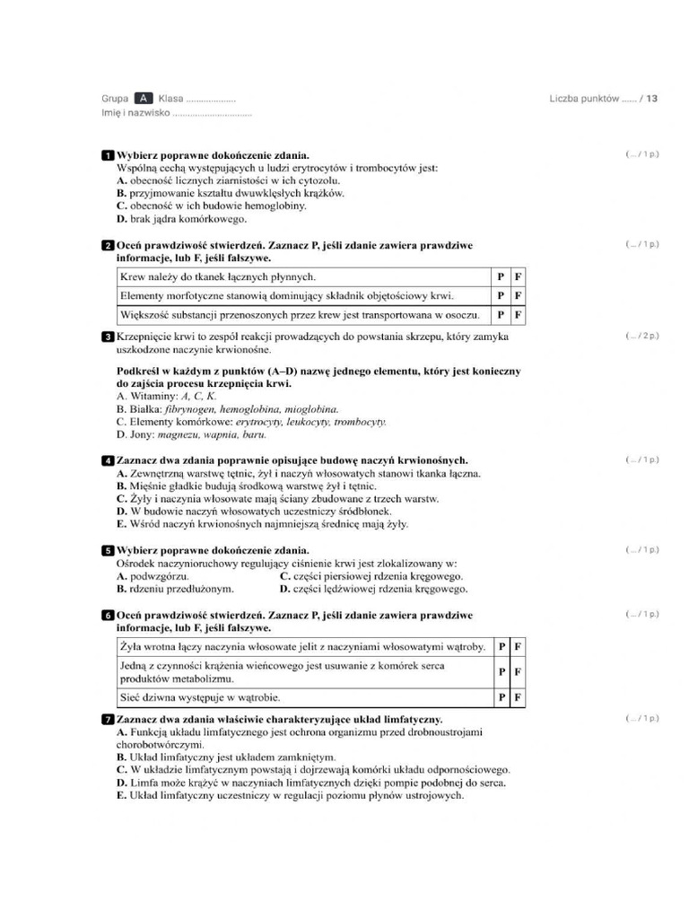 SPR.Z Biologii kl.7 Dział 4 | PDF