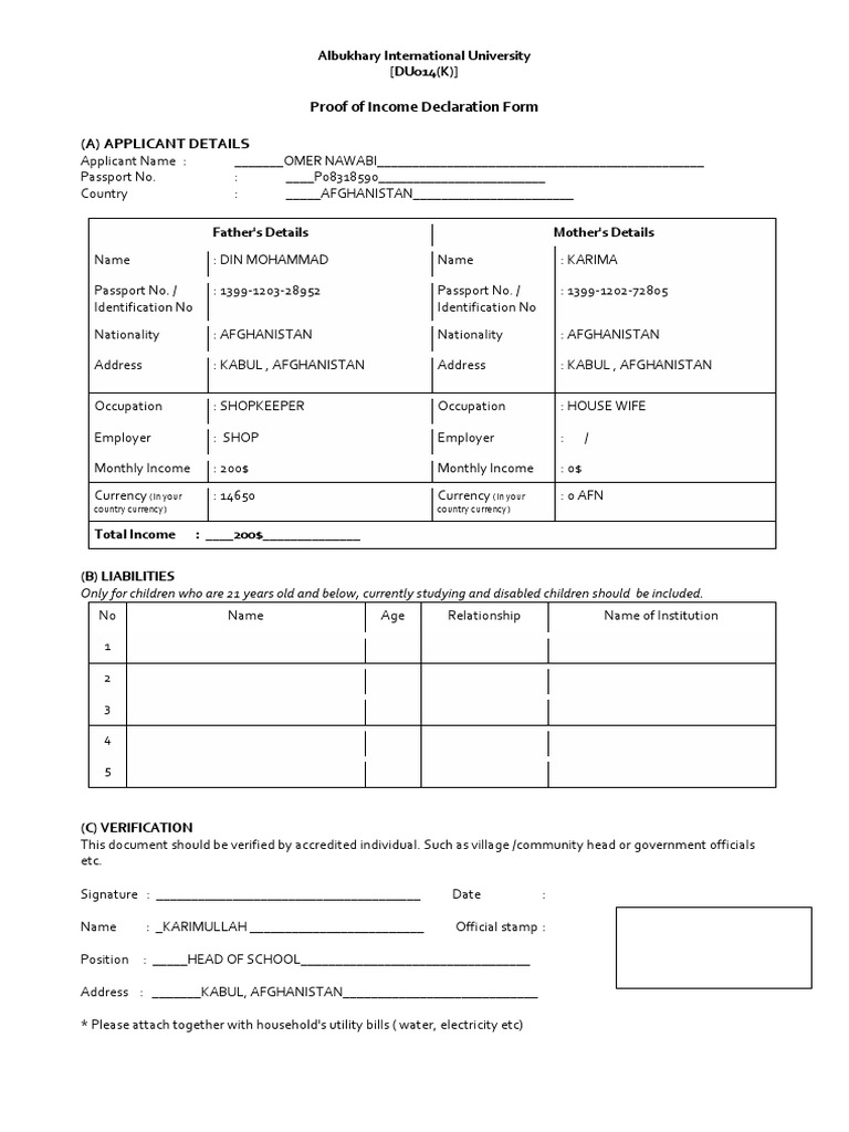 Proof of Income Declaration | PDF