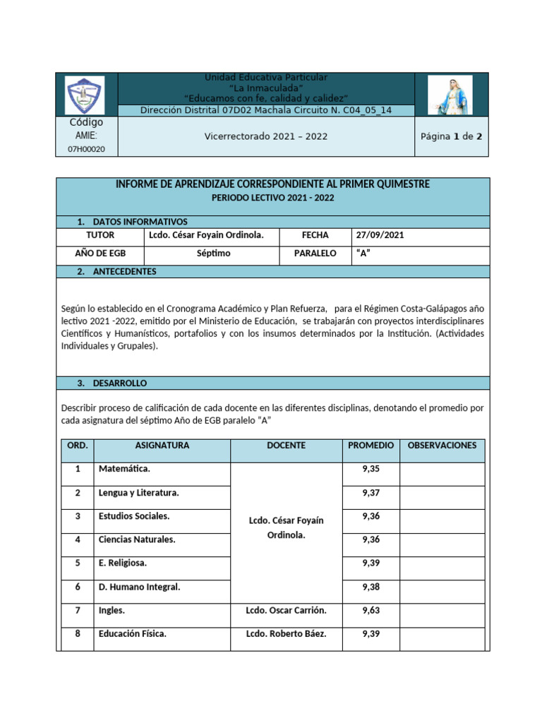 INFORME DE APRENDISAJE 1ER QUIMESTRE 2020-2021 | PDF | Aprendizaje