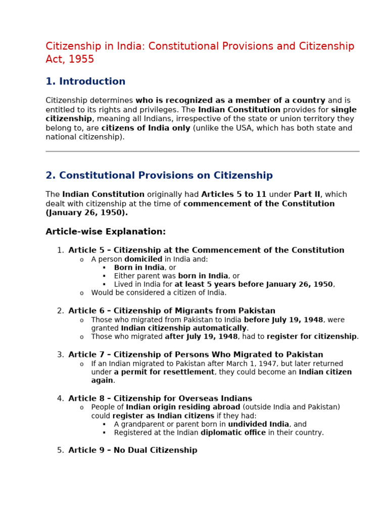 Indian Citizenship: Constitution & Act 1955 | PDF | Citizenship ...