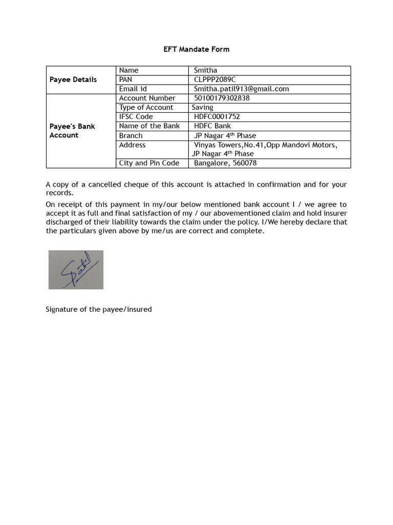 EFT Mandate Form for Claim Payment | PDF