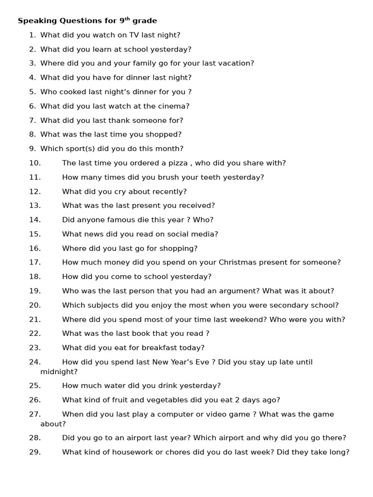 9th Grade Speaking Questions Guide | PDF