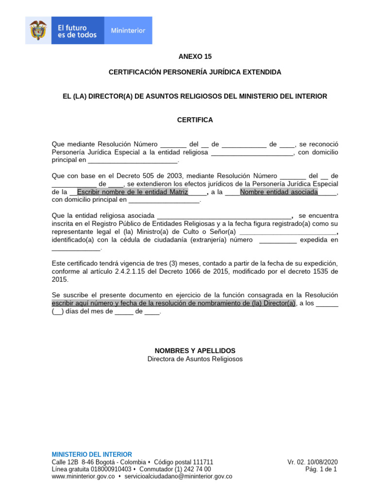 Certificado de Personería Jurídica Religiosa | PDF
