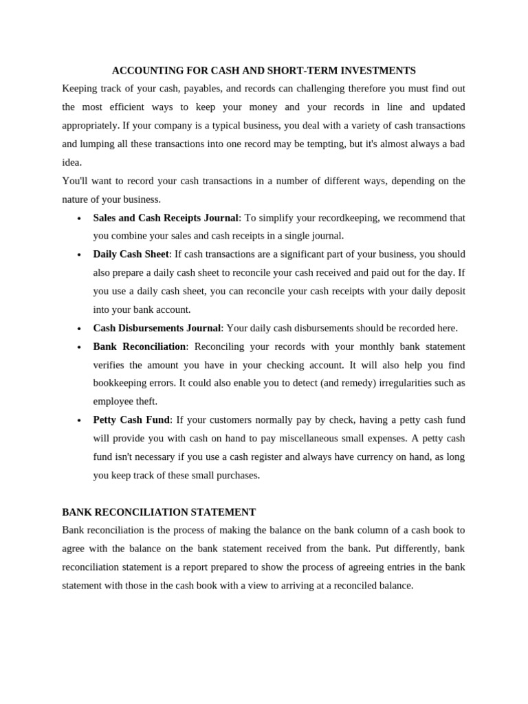 Cash and Short-Term Investment Accounting | PDF | Banks | Cheque
