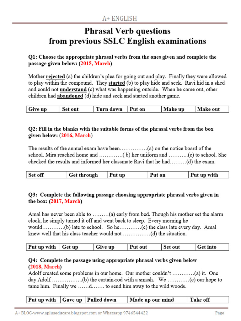 A+ Blog-Phrasal Verbs Questions From Previous SSLC English Exams | PDF