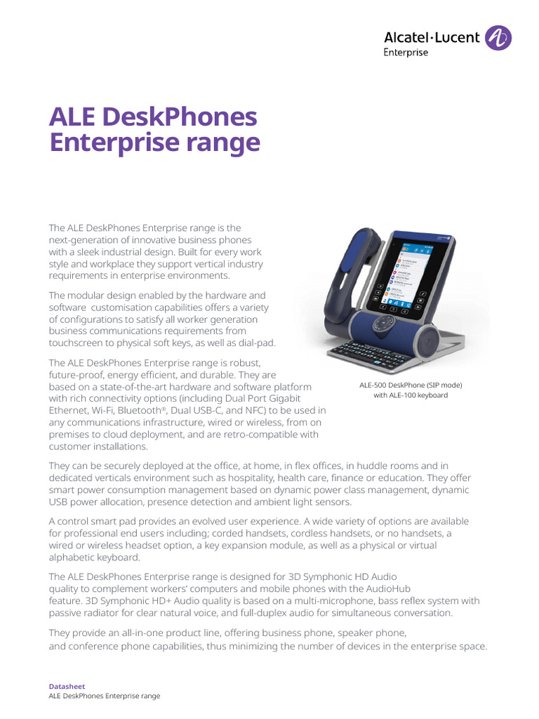 Ale Deskphones Enterprise Series Datasheet en | PDF | Smartphone ...