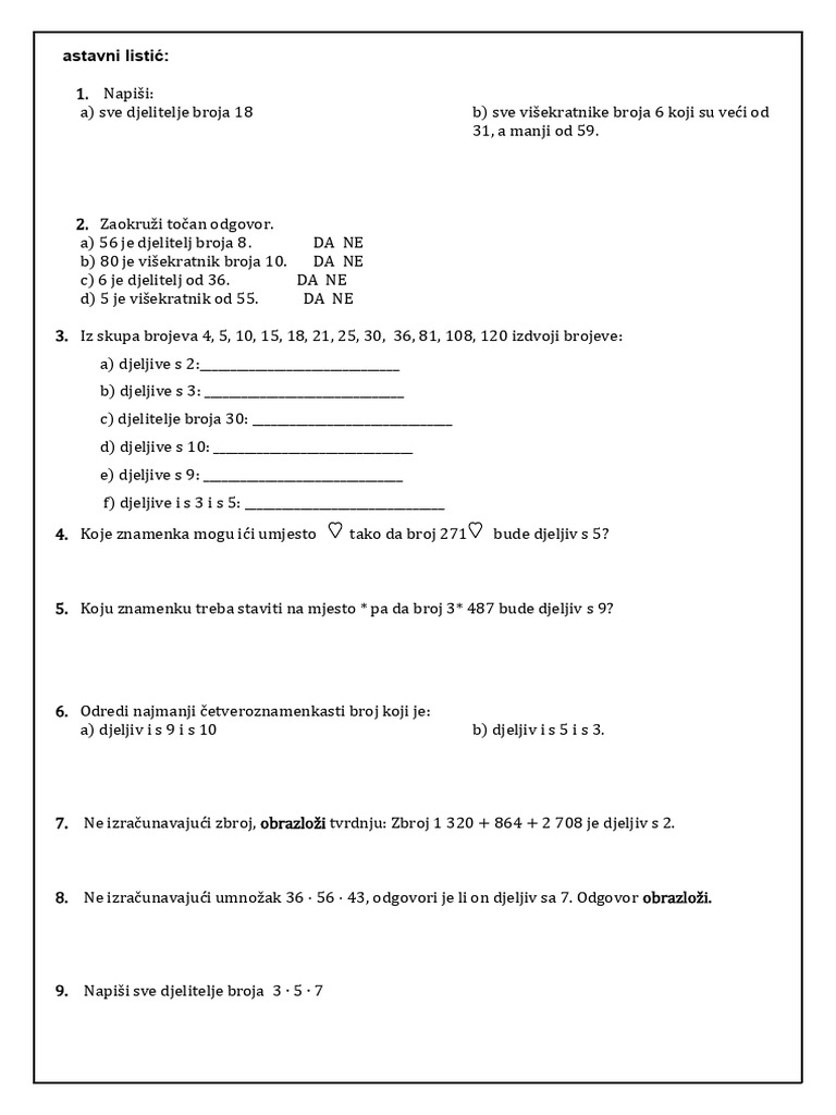 Djeljivost - Nastavni Listic | PDF