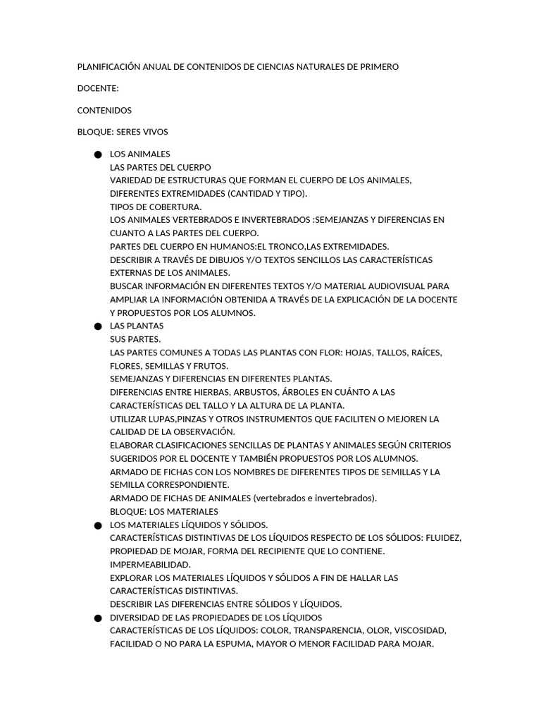 Planificación Anual de Contenidos de Ciencias Naturales de Primero ...