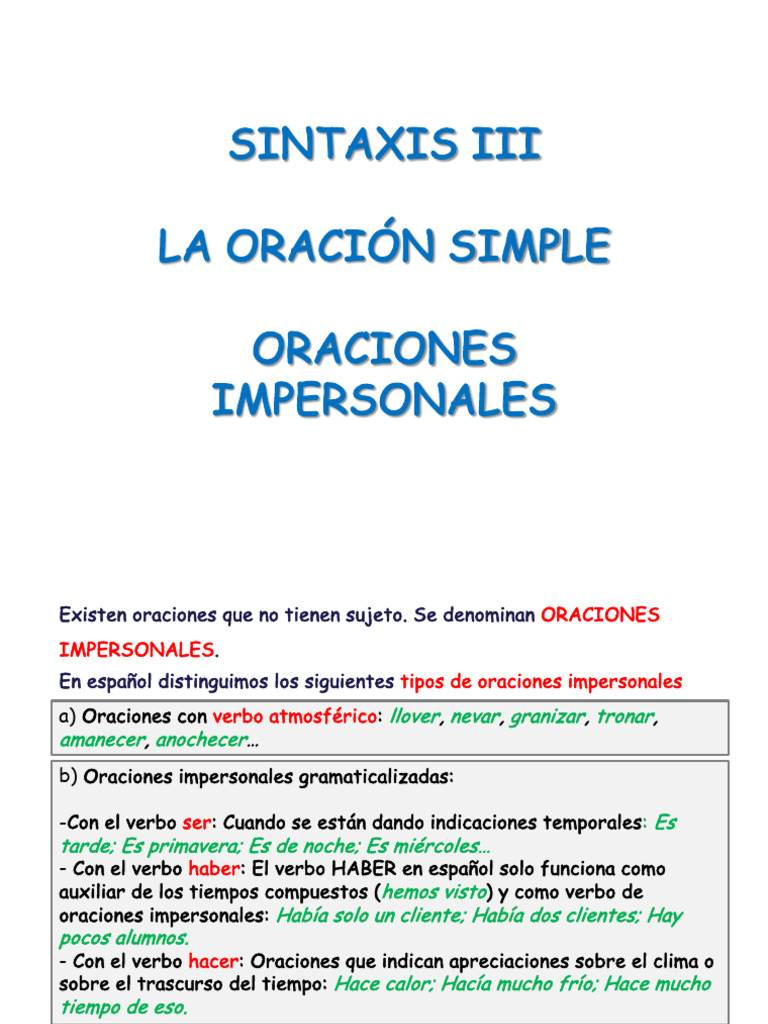3 Sintaxis, Oraciones Impersonales 1 | PDF | Verbo | Asunto (gramática)