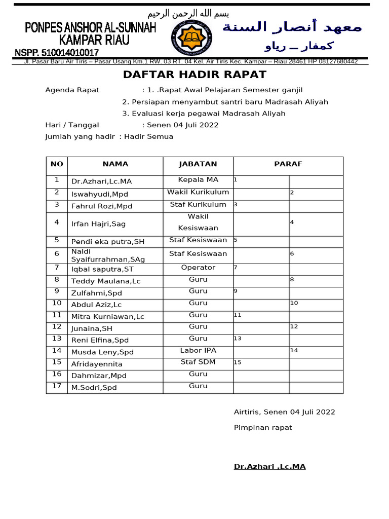 Daftar Hadir Rapat Guru | PDF