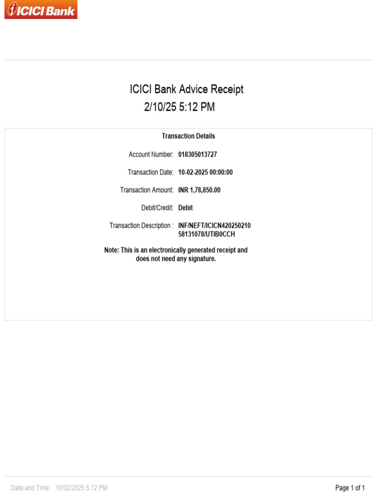 ICICI Bank Transaction Receipt Details | PDF