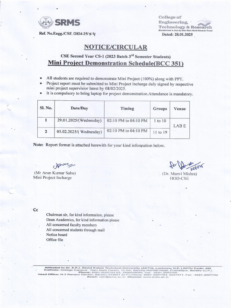 Mini Project Demonstration Schedule CS 1 | PDF | Paragraph