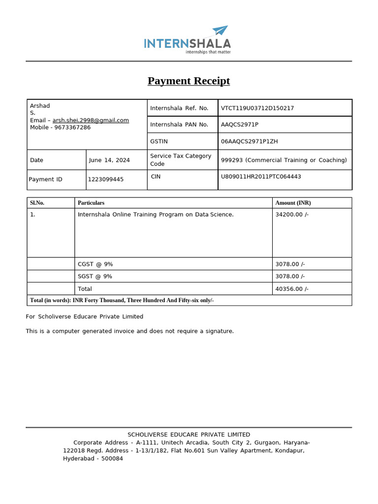 Internshala Invoice VTCUVTCT119U03712D150217 | PDF