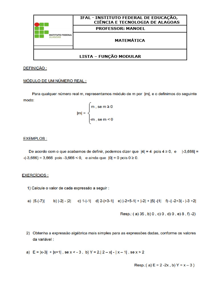 Função Modular - Lista de Atividades | PDF