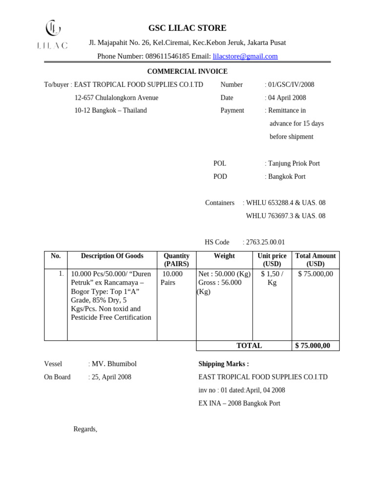 Commercial Invoice Ghea Suci Chayani - 1 | PDF | Business Documents