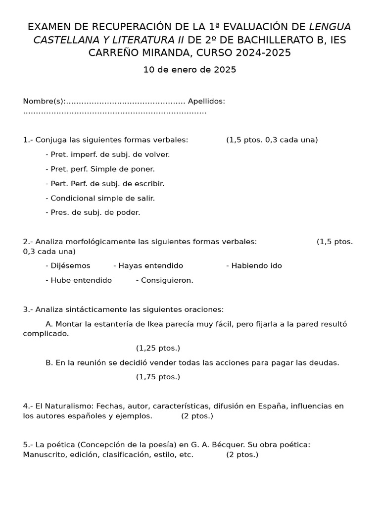 Examen de Recuperación de La 1 Evaluación de Lengua Castellana y Literatura Ii de 2º de ...