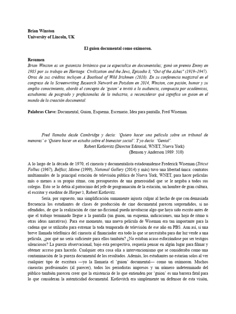 El Guion Documental Como Oximorón - Brian Winston | PDF | Documental