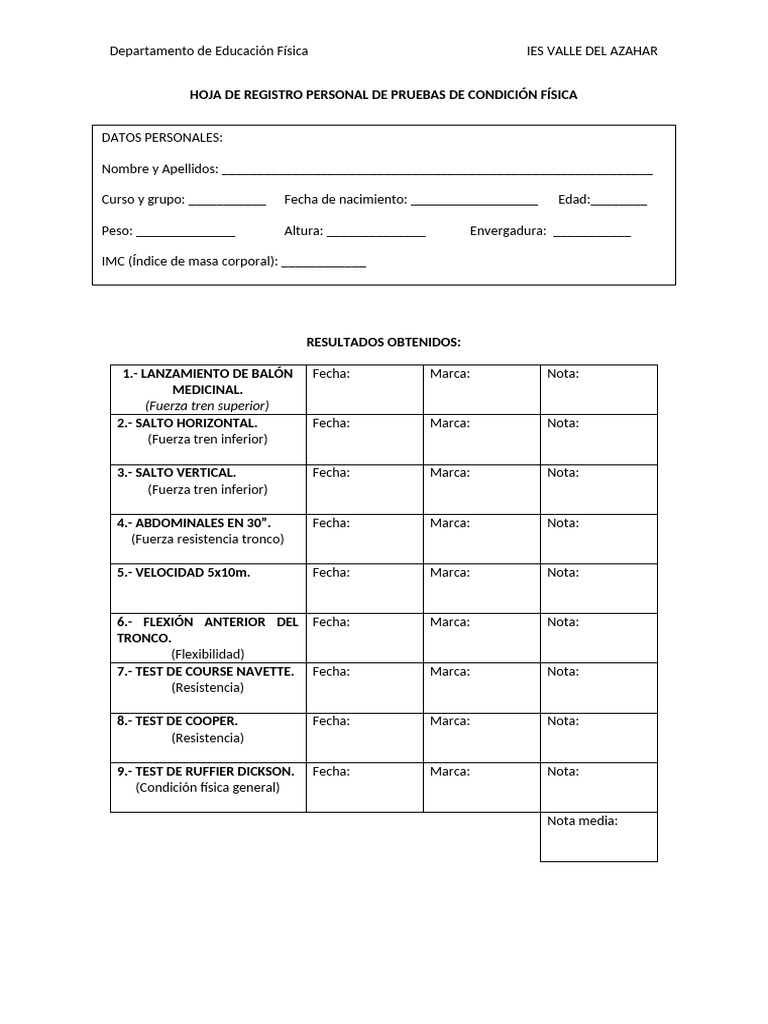 Hoja registro pruebas fÃ­sicas | PDF