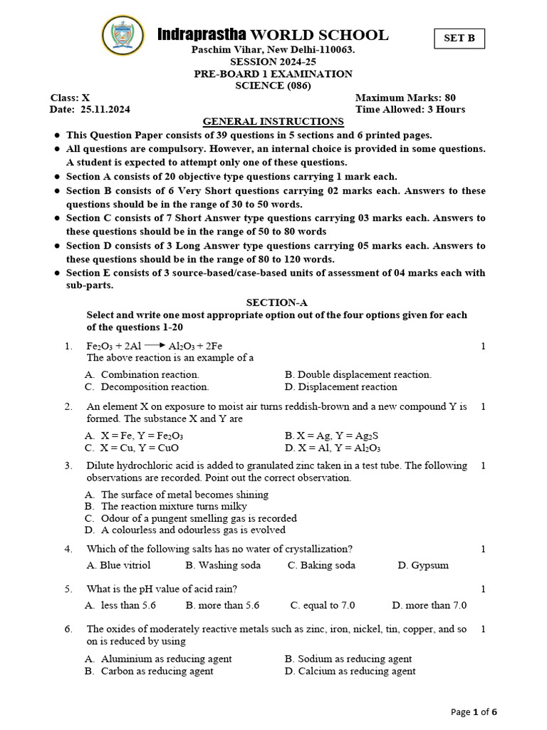 Final Set B X Class Science Pre Board I 24-25 | PDF | Scattering ...