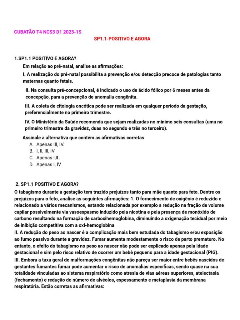 D1 NCS REGULAR T4 SEM GABARITO | PDF | Anemia | Gravidez