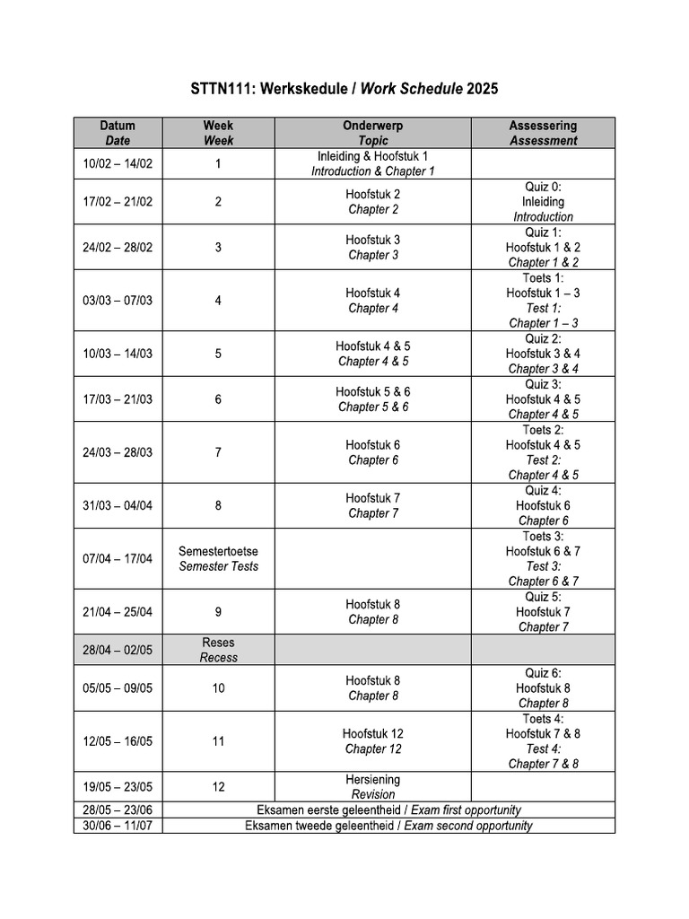 Work Schedule STTN111 2025 | PDF