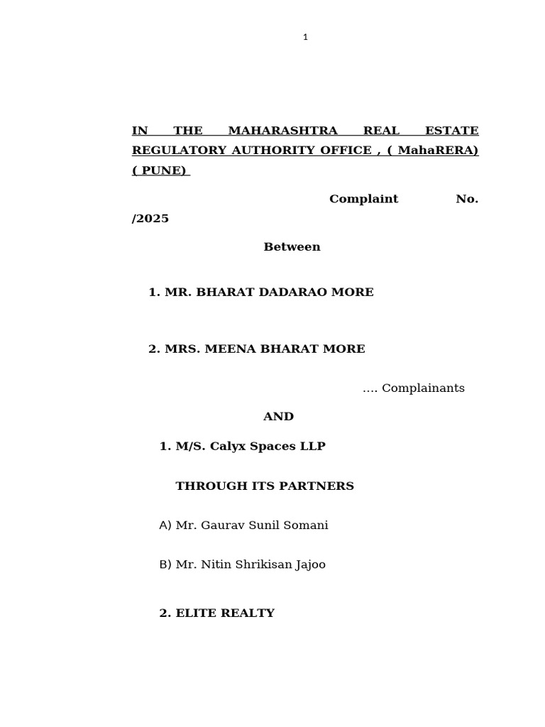 Complaint- Bharat More- Rera- Adv. Sarika Kulkarni- 02012025 | PDF | Banks | Cheque