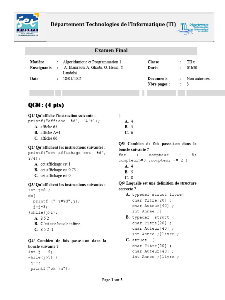 Examen Final en Algorithmique et C | PDF | Génie logiciel | Informatique