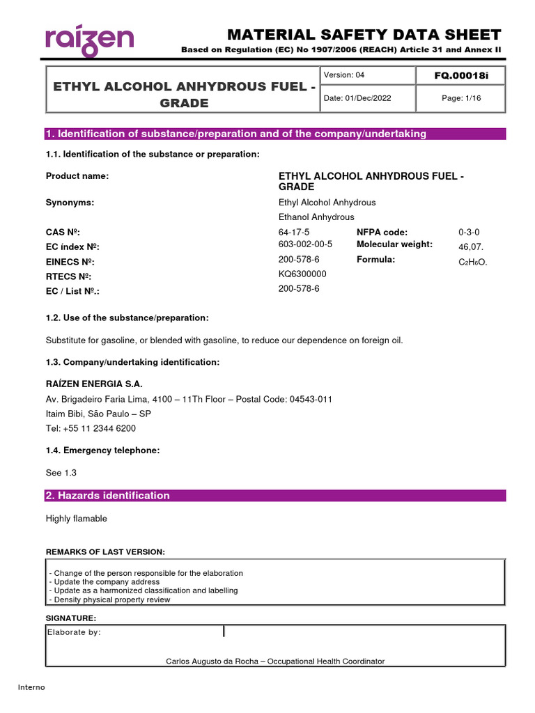 Fq.00018i Rev04 - Msds Ethyl Alcohol Anhydrous Fuel - Grade | PDF | Iodine | Firefighting