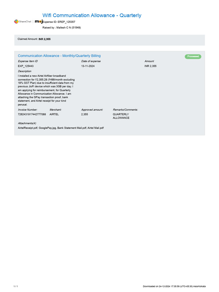 Wifi Communication Allowance - Quarterly (EREP - 125357) | PDF