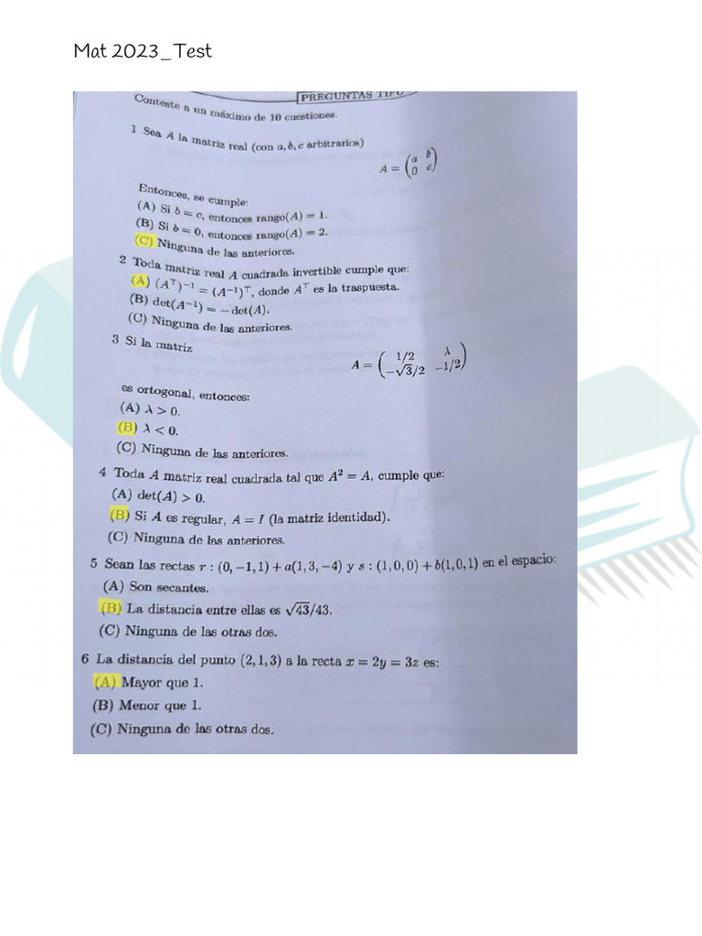 0011 - SOL - Examen PCE Mates II - Mayo 2023 - Test | PDF