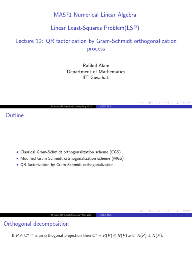 Lect 12 (Gram Schmidt QR) 2025 | PDF | Mathematical Concepts | Mathematics