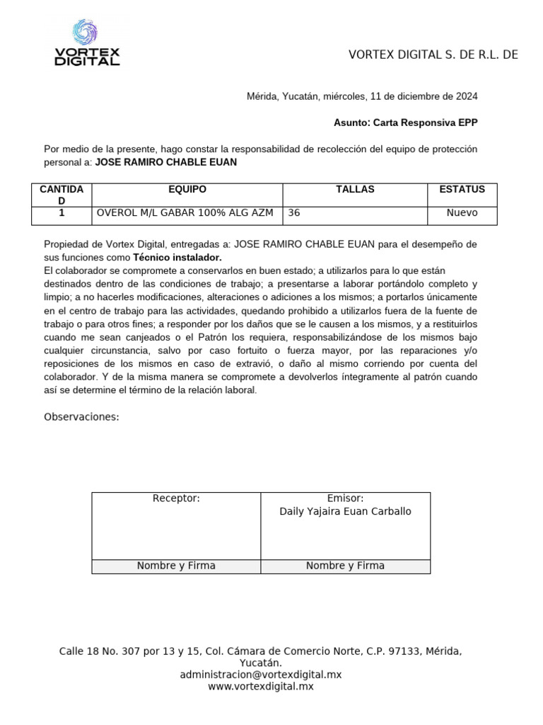 Carta Responsiva EPP Vortex Digital | PDF