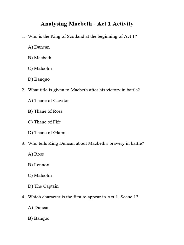 Macbeth Act 1 Quiz Questions | PDF | Macbeth | Shakespearean Tragedies