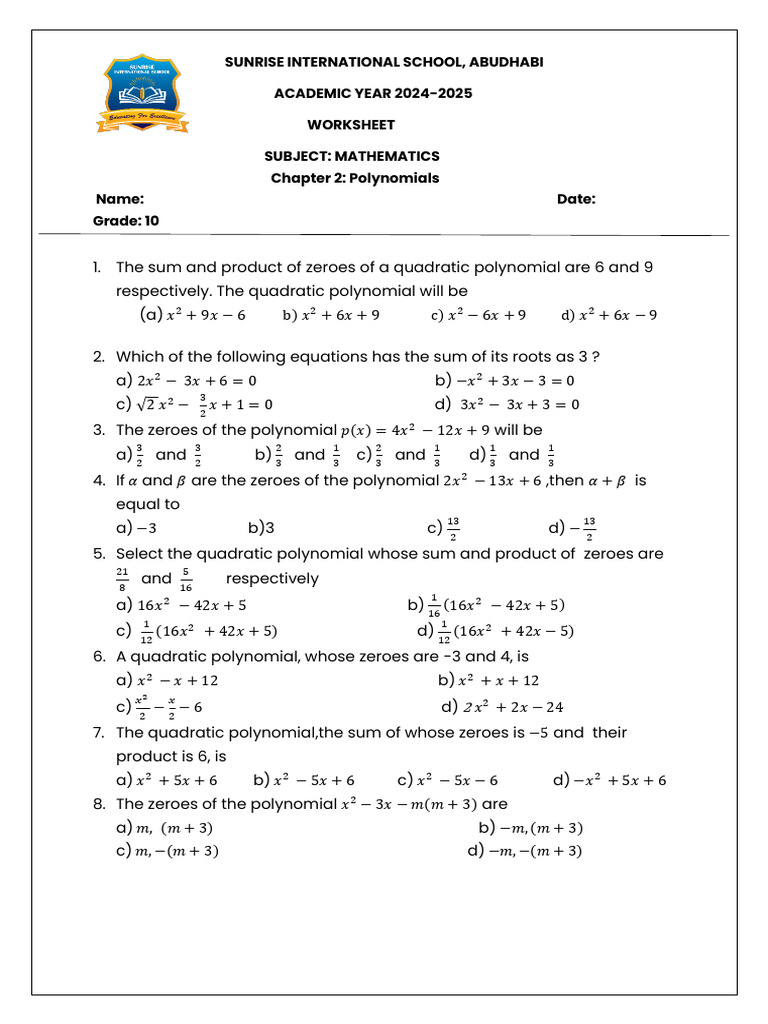 GR 10 Math Ch.2 Polynomials Worksheet | PDF | Zero Of A Function | Polynomial