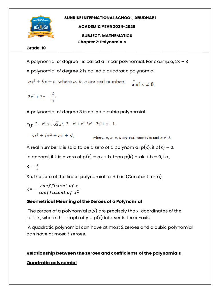 GR 10 Math Ch.2 Polynomials Things To Remember | PDF
