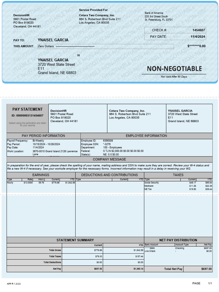 Pay Statement for Ynaisel Garcia | PDF | Payroll | Public Finance