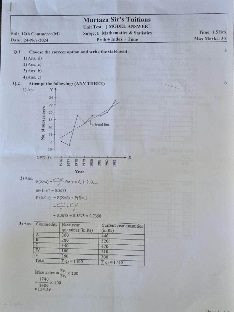 Maths Unit Test Standard 12 (24th Nov 2024) Solution | PDF