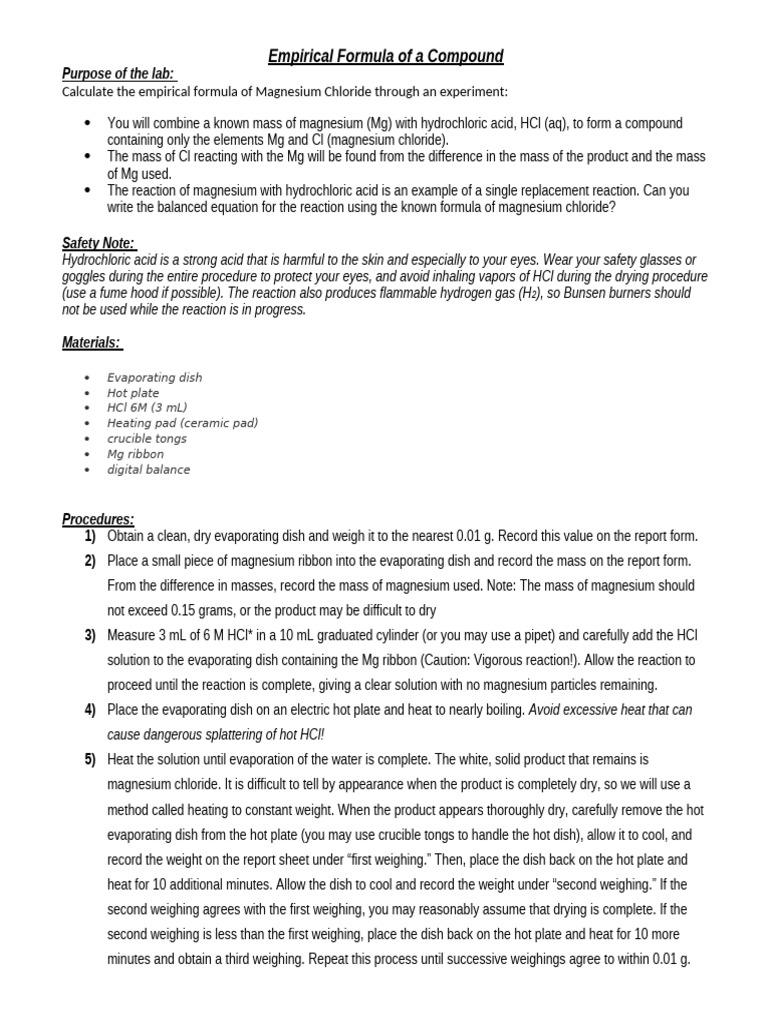 Empirical Formula of A Compound LAB | PDF | Mole (Unit) | Hydrochloric Acid