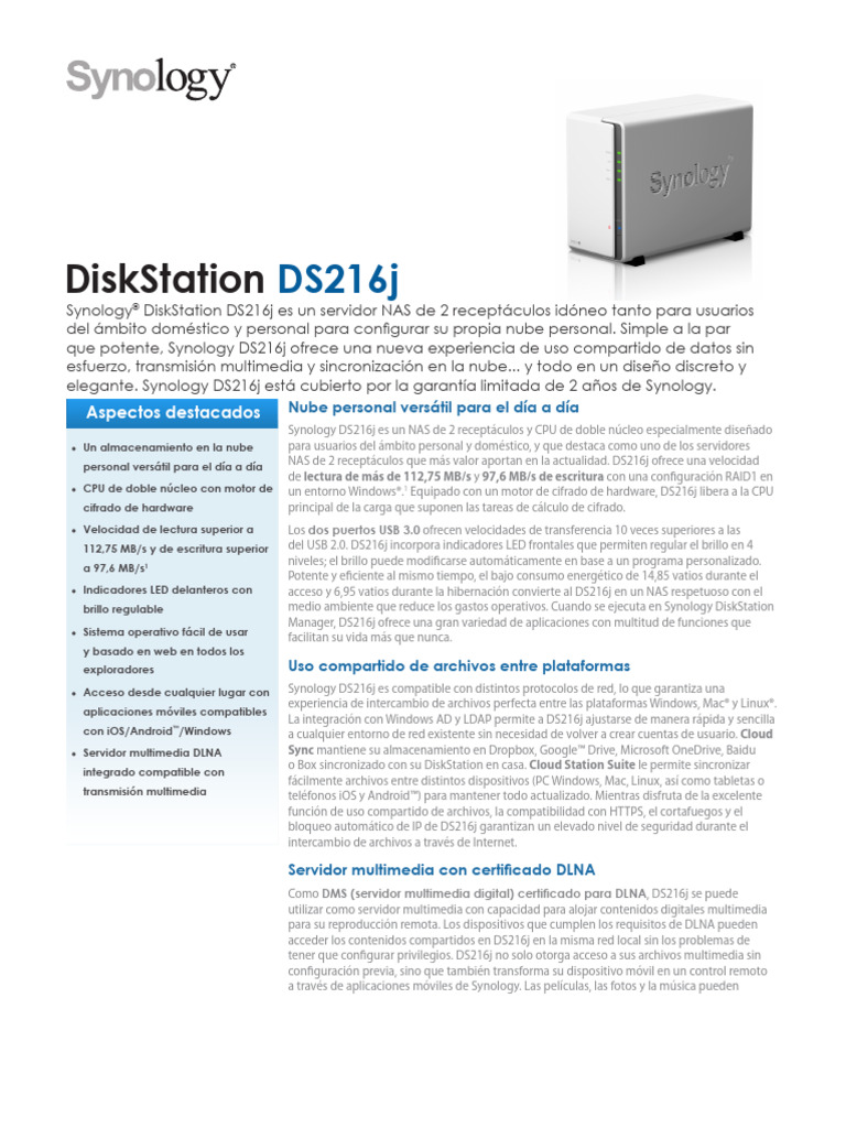 Synology DS216j Data Sheet SPN | PDF | Protocolo de transferencia de archivos | Servidor ...