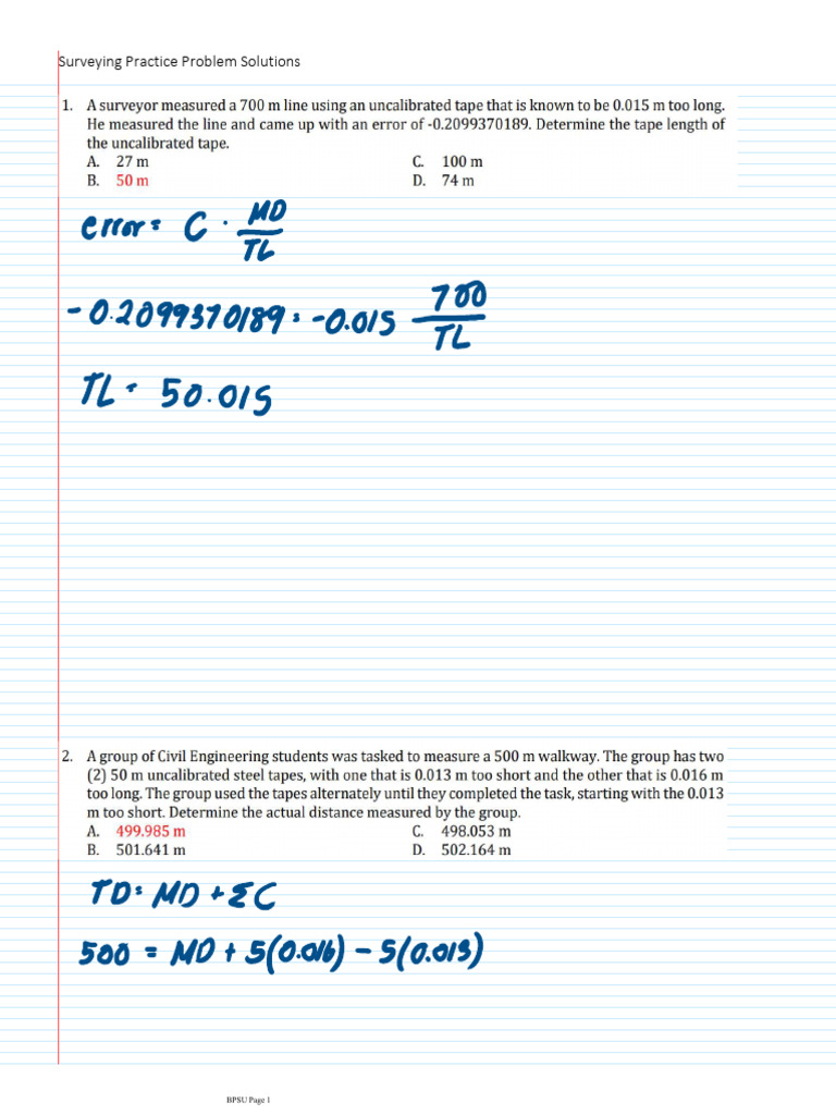 Surveying Practice Problem Solutions | PDF