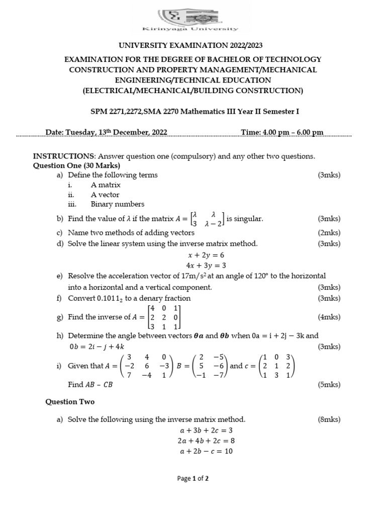 SPM 2271,2272, SMA 2270 Mathematics III Year II Semester I-2 | PDF | Matrix (Mathematics ...