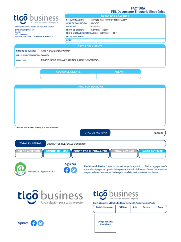 Factura Electrónica Tigo Enero 2025 | PDF | Factura