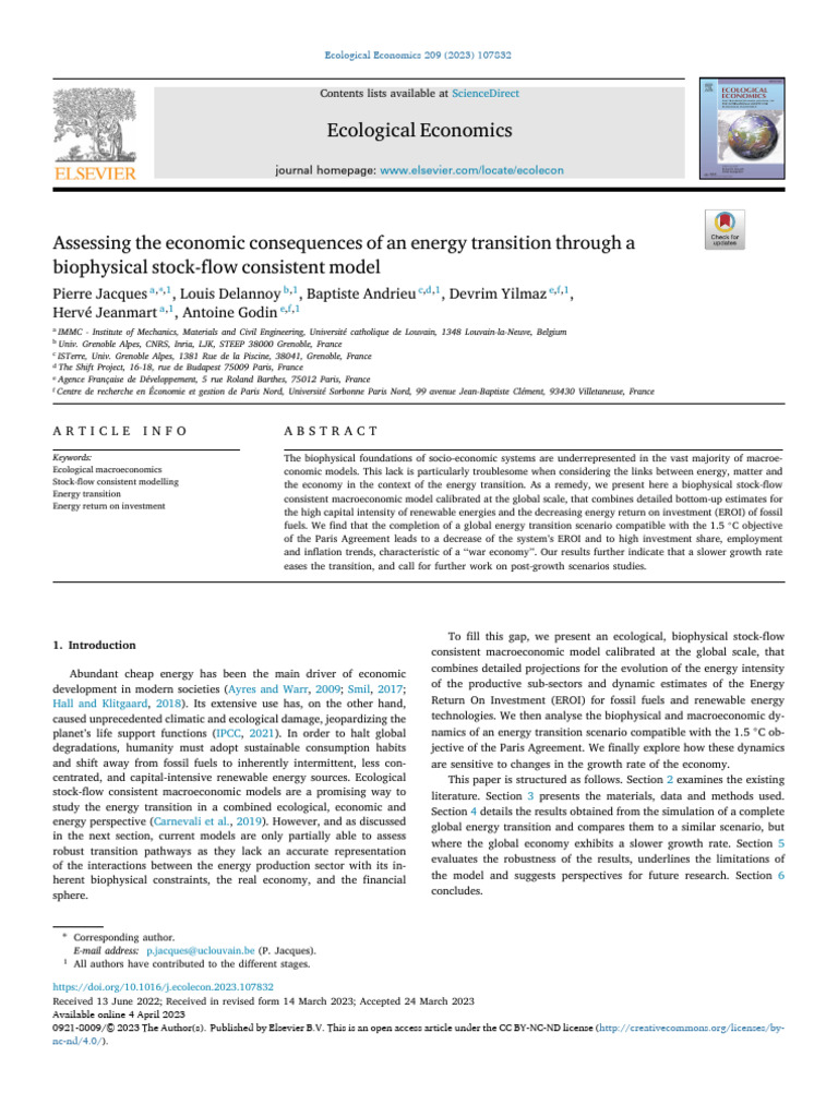 Assessing the economic consequences of an energy transition through a ...