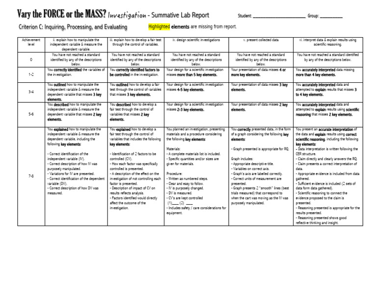 3 Acceleration Force and Mass Investigation Rubric SA | PDF | Dependent ...