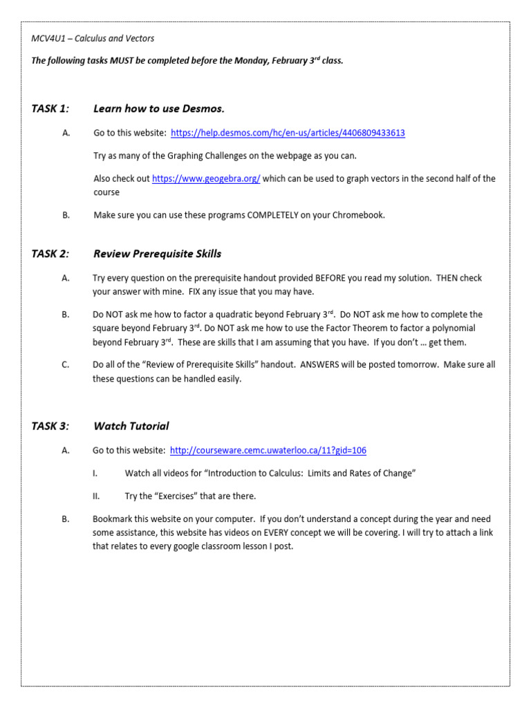 MCV4U1 - First Days of Class - Tasks | PDF