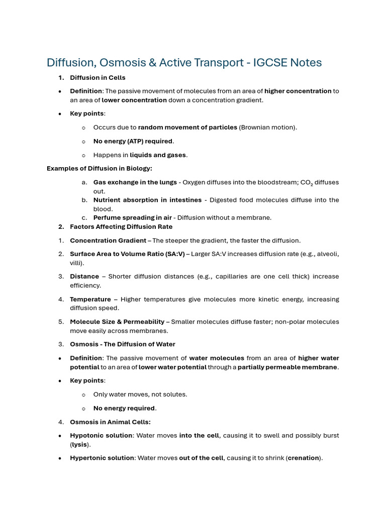 IGCSE Notes: Diffusion, Osmosis, Transport | PDF | Osmosis | Diffusion