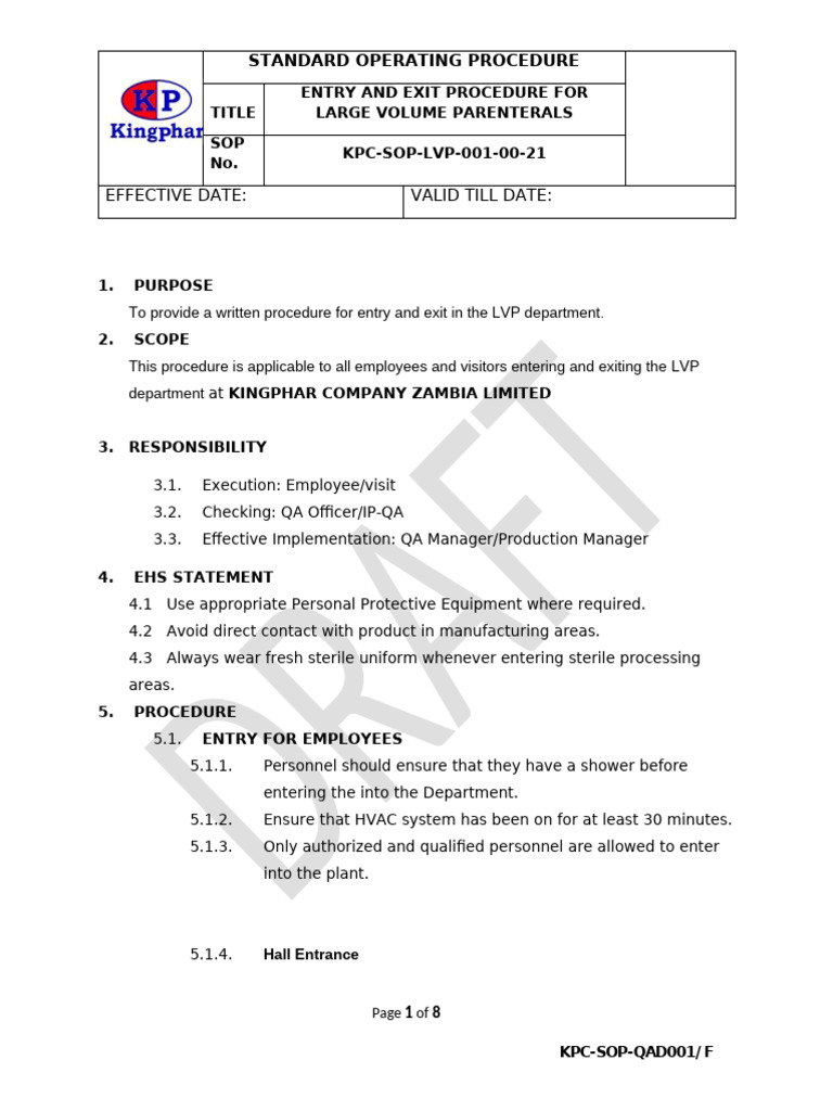 LVP-001 Entry and Exit Procedure | PDF | Clothing | Fashion