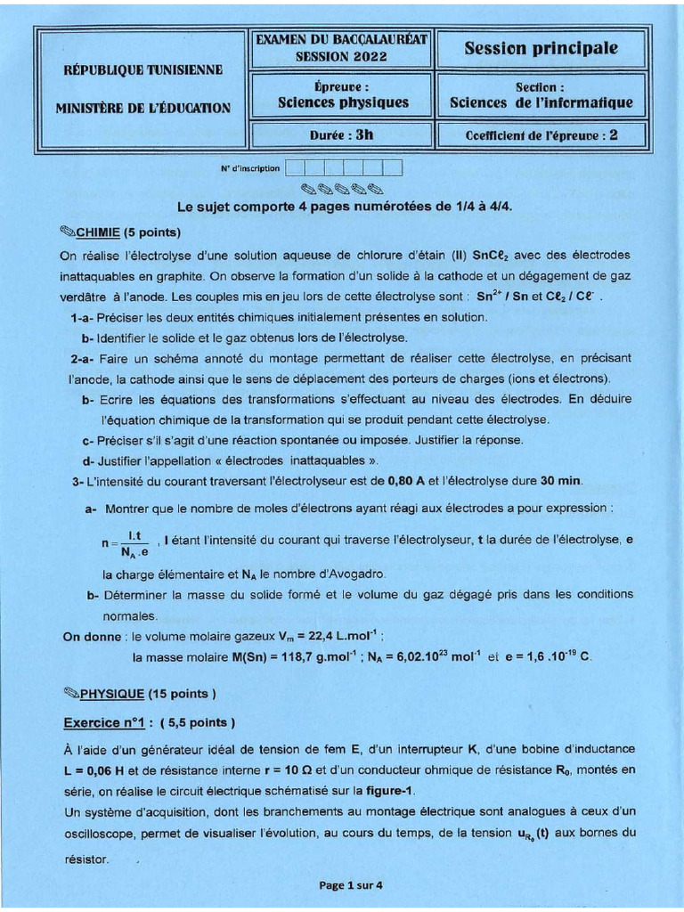 Bac 2022 Physiques Section Informatique | PDF