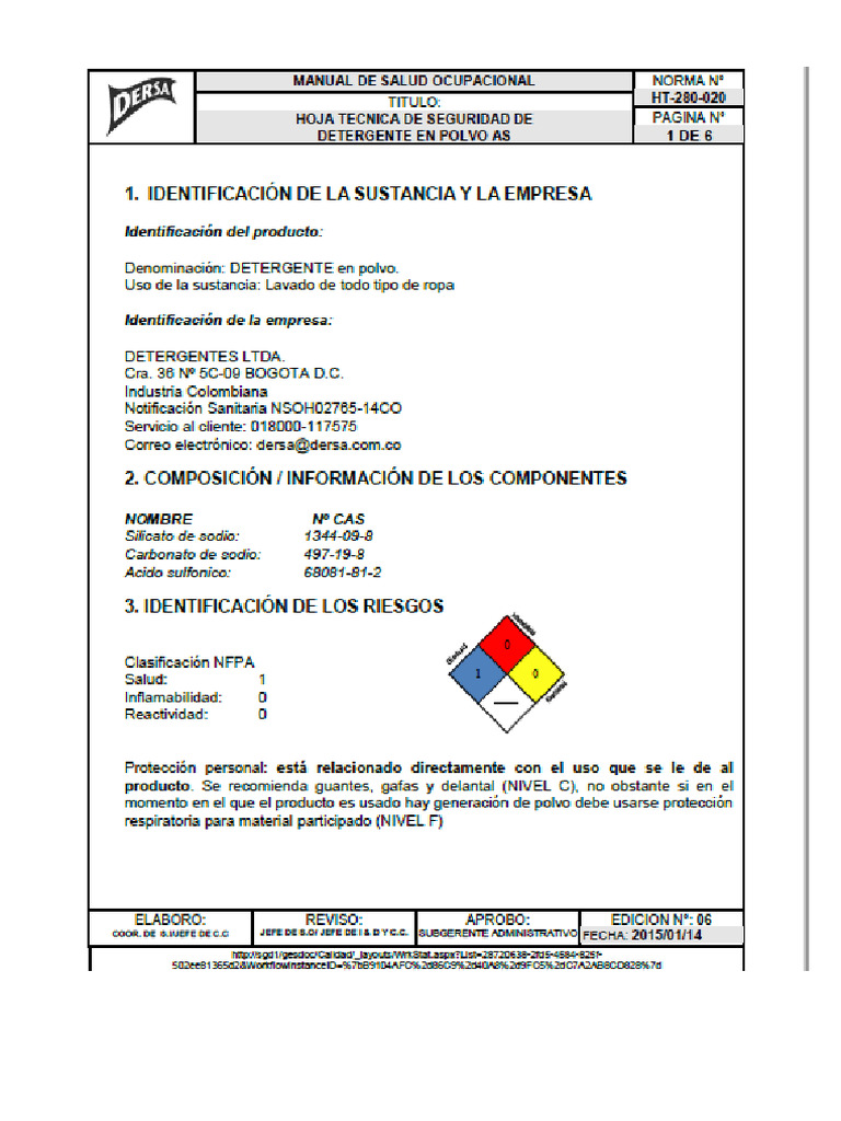 Ficha Tecnica Detergente Dersa | PDF